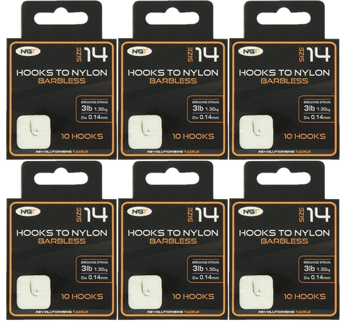 60 x NGT Barbless Hooks to Nylon Size 14 Coarse Carp Match Fishing ...