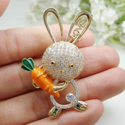 2Ct Round Real Moissanite Carrot Rabbit Pretty Brooch Pin 14K Yellow ...