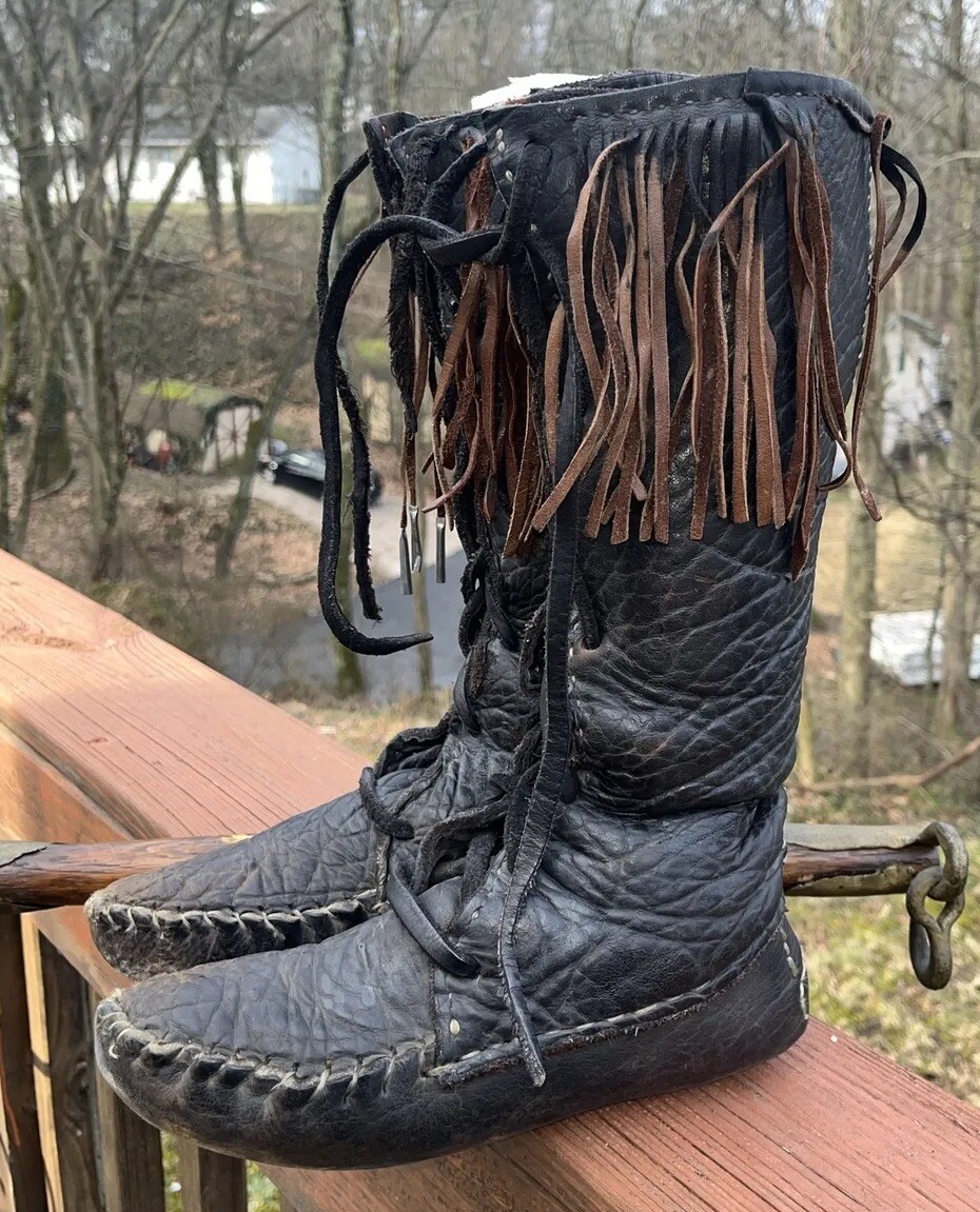 Primitive Antique Hand Made Fringed Black Leather Moccasin Tie Up Boots ...