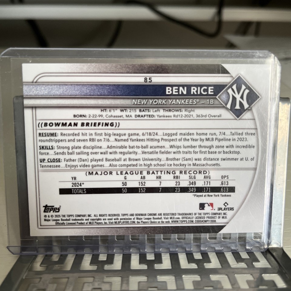 2025 BOWMAN CHROME BEN RICE "RED" ROOKIE CARD REFRACTOR #/85 | eBay