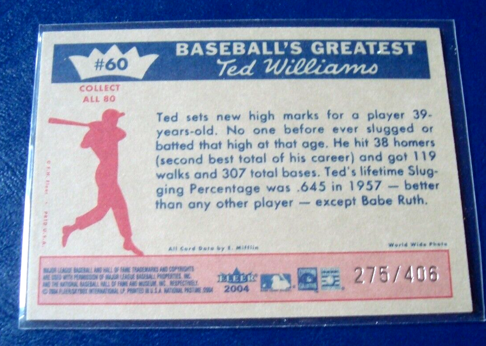 2004 Fleer mint #60 TED WILLIAMS 275/406 RED SOX 1959 reprint PACK ...