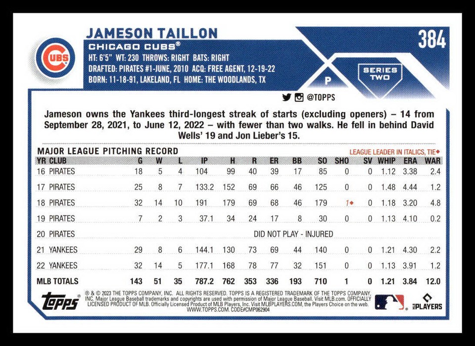 2023 Topps Jameson Taillon Montgomery Club Stamp 384 Chicago Cubs | eBay