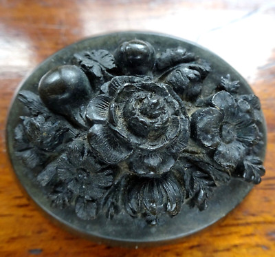 antique Victorian c.1880 vulcanite flower cameo brooch hinged c pin ...