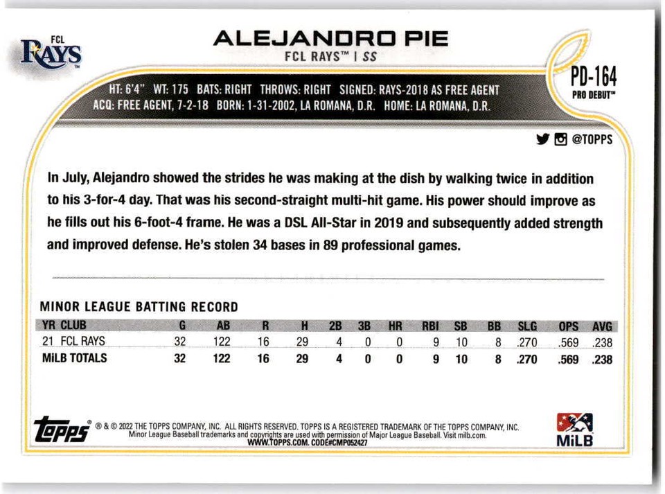 2022 Topps Pro Debut Alejandro Pie PD-164 | eBay
