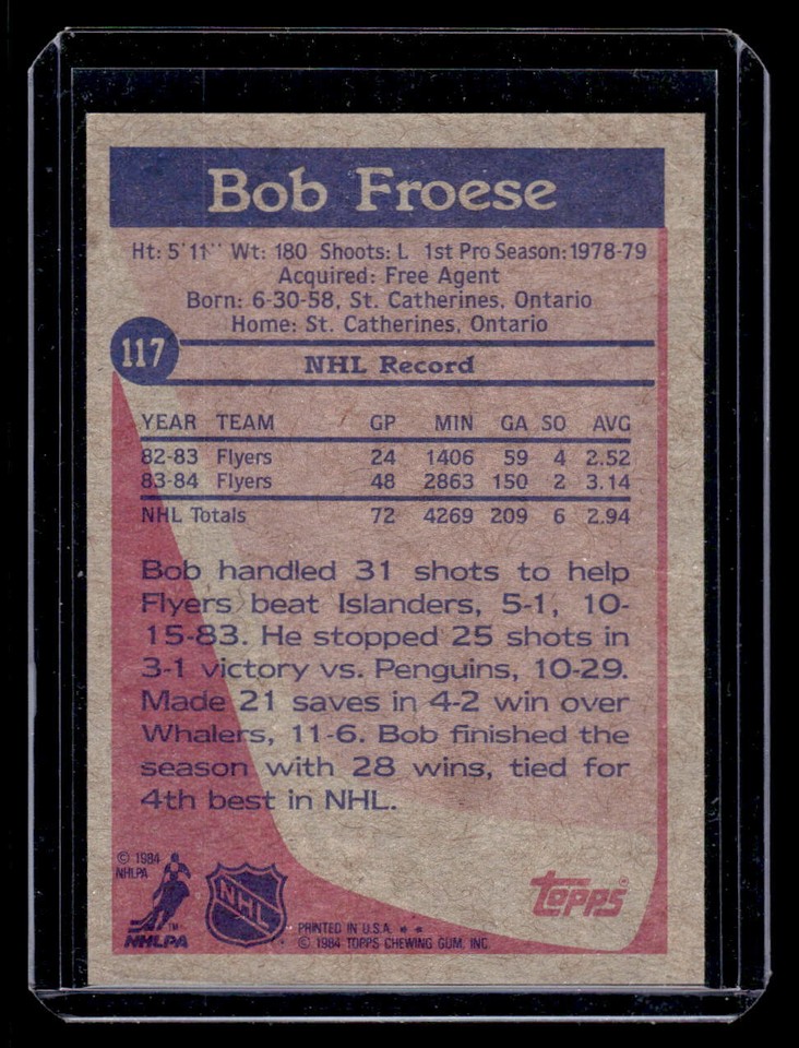 Bob Froese 1984 Topps #117 Philadelphia Flyers | eBay