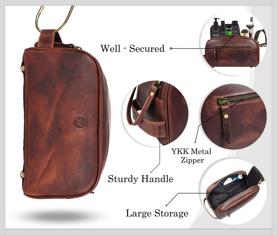 Leather Toiletry Travel Pouch | Waterproof Dopp Kit - Dark Brown | eBay
