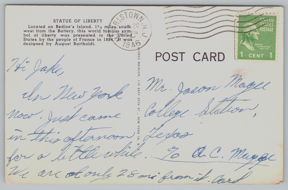 Postcard Statue Of Liberty On Bedloe's Island In New York Harbor Posted ...