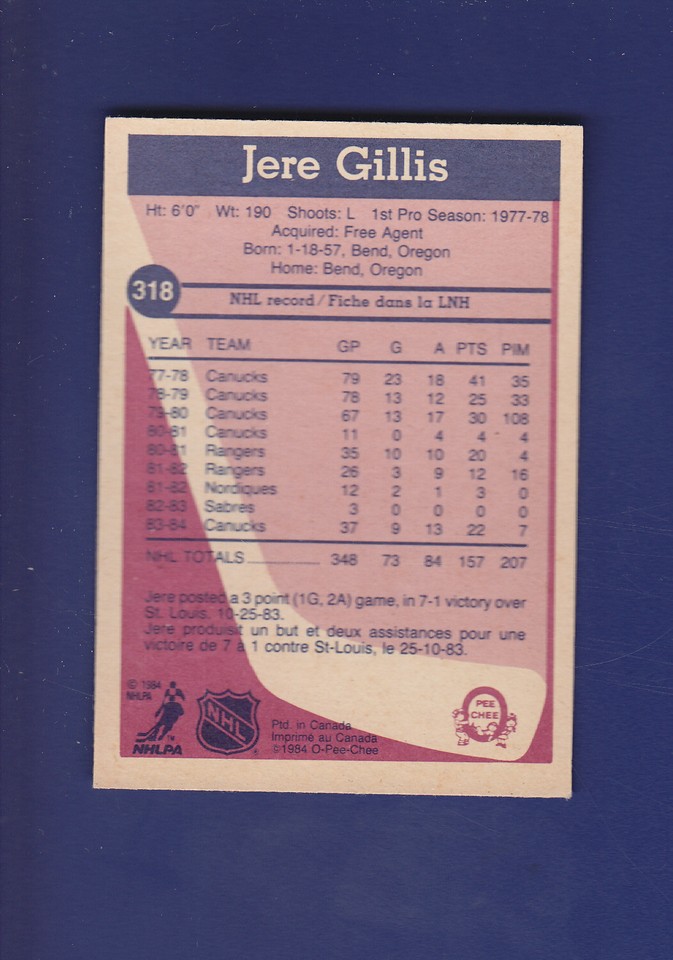 Jere Gillis 1984-85 O-PEE-CHEE OPC Hockey #318 (NM+)(OC) Vancouver ...