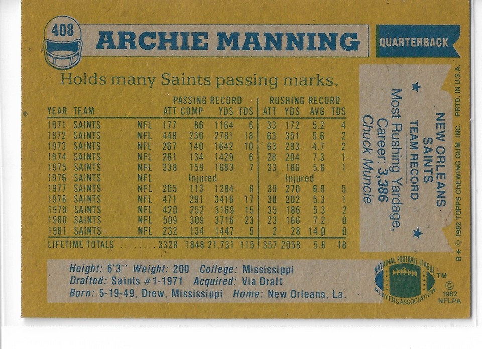 1982 TOPPS ARCHIE MANNING #408 New Orleans Saints | eBay