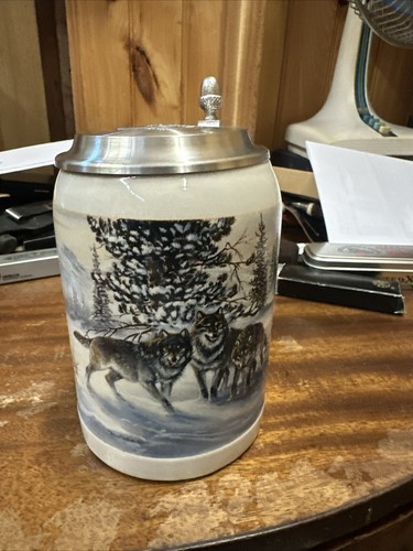 Heavy Domex Germany Beer Stein Mug Ceramic Pewter Lid wth Wolf Acorn ...