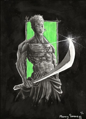 Roronoa Zoro Ink Wash & Acrylic Drawing One Piece Original Art Signed 1 ...