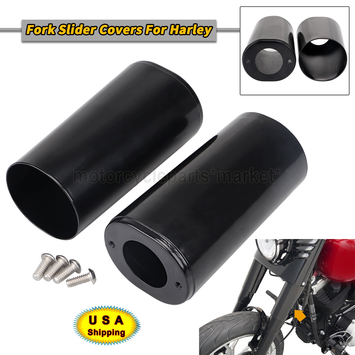 Black Fork Slider Covers Cow Bells For Harley Road Street Glide Fatboy ...