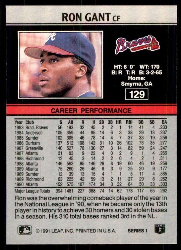 1991 Leaf Ron Gant Baseball Cards #129 | eBay
