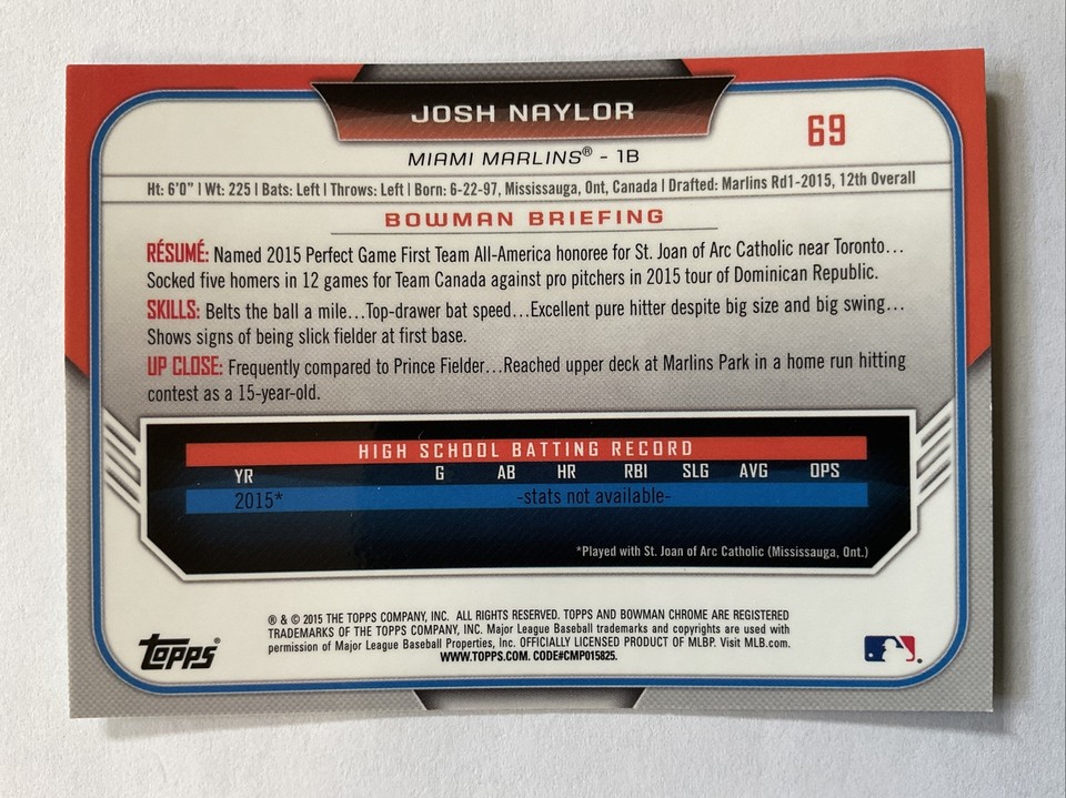 2015 Bowman Chrome Sky Blue Refractor JOSH NAYLOR 1st Bowman RC, PADRES ...