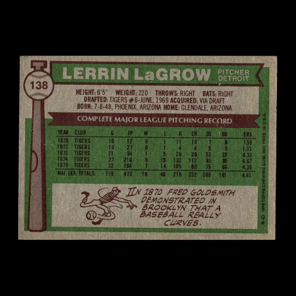 Lerrin LaGrow 1976 Topps Detroit Tigers #138 GM R304 4 | eBay