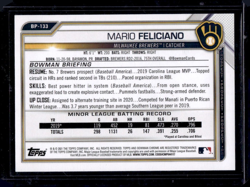 2021 Bowman Mario Feliciano /499 Prospects Sky Blue #BP-133 Brewers | eBay