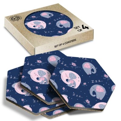 4 x Hexagon Coasters - Sleepy Elephants Pattern Baby Animal Cute #46311 ...