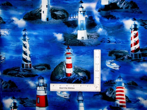 Lighthouse Blue Sea Fabric Nautical Cotton Timeless Treasures CD2275 By ...