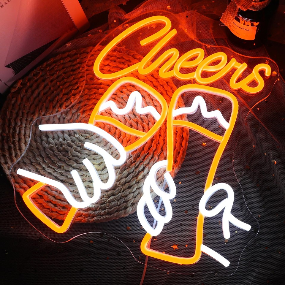 Cocktail Neon Sign Cheers Neon Light Sign White&Yellow Neon Signs USB ...