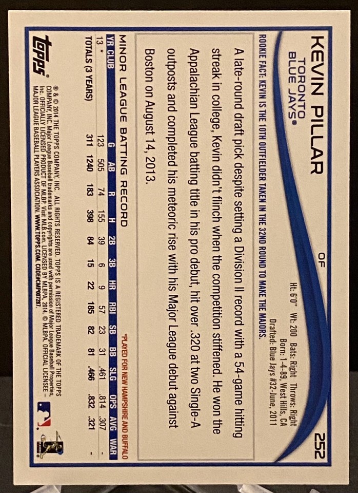 2014 Topps Baseball #252 Kevin Pillar RC Toronto Blue Jays Rookie Card ...