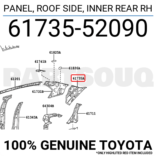 6173552090 Genuine Toyota PANEL, ROOF SIDE, INNER REAR RH 61735-52090 ...