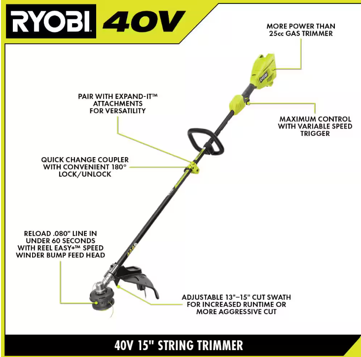 Ryobi 40V 15 in. Expand-It Attachment Capable String Trimmer (Tool Only ...