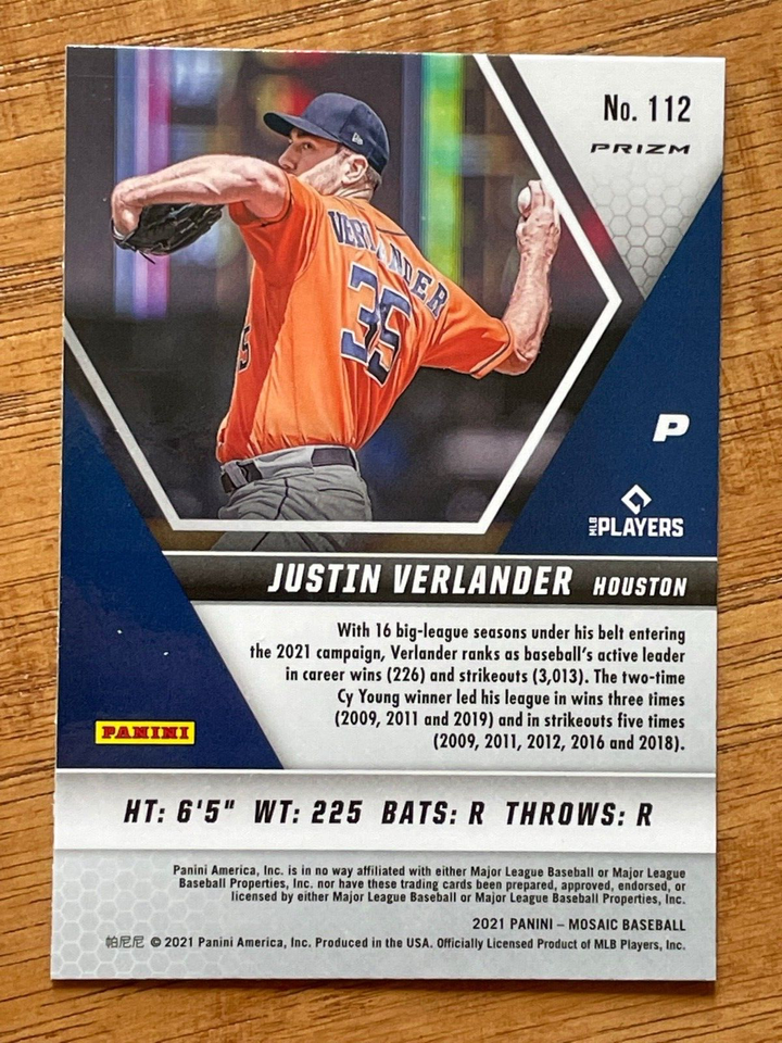 2021 PANINI MOSAIC BASEBALL JUSTIN VERLANDER PRIZM CARD No. 112 Astros ...
