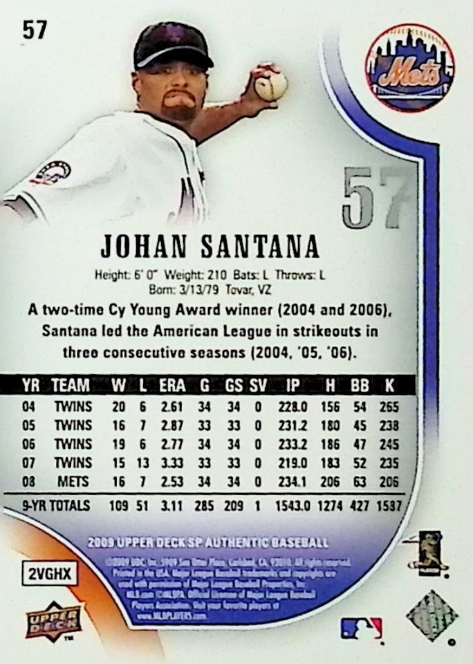 2009 UPPER DECK SP AUTHENTIC #57 JOHAN SANTANA BASE CARD NM-MT | eBay