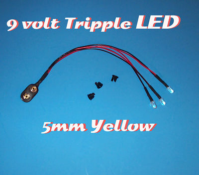 ONE PRE WIRED LED 9 VOLT TRIPPLE YELLOW WITH SNAP 9V PREWIRED TRIPLE ...