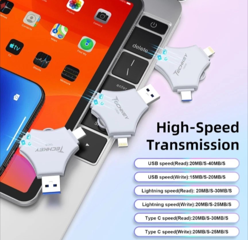 Techkey MFi Certified USB 3.0 Flash Drive 128GB iPhone 3in1 External ...