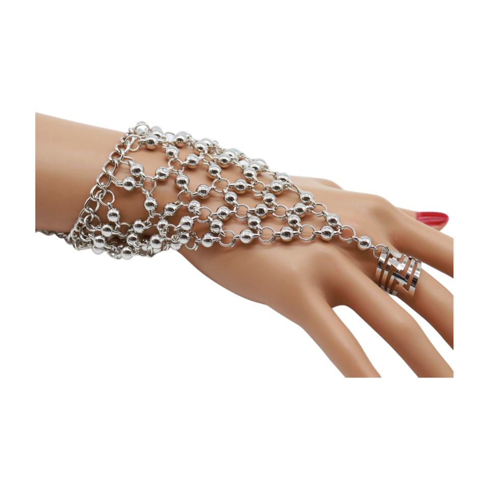 Women Silver Metal Hand Chain Bracelet Ball Charms Ring Connected One ...