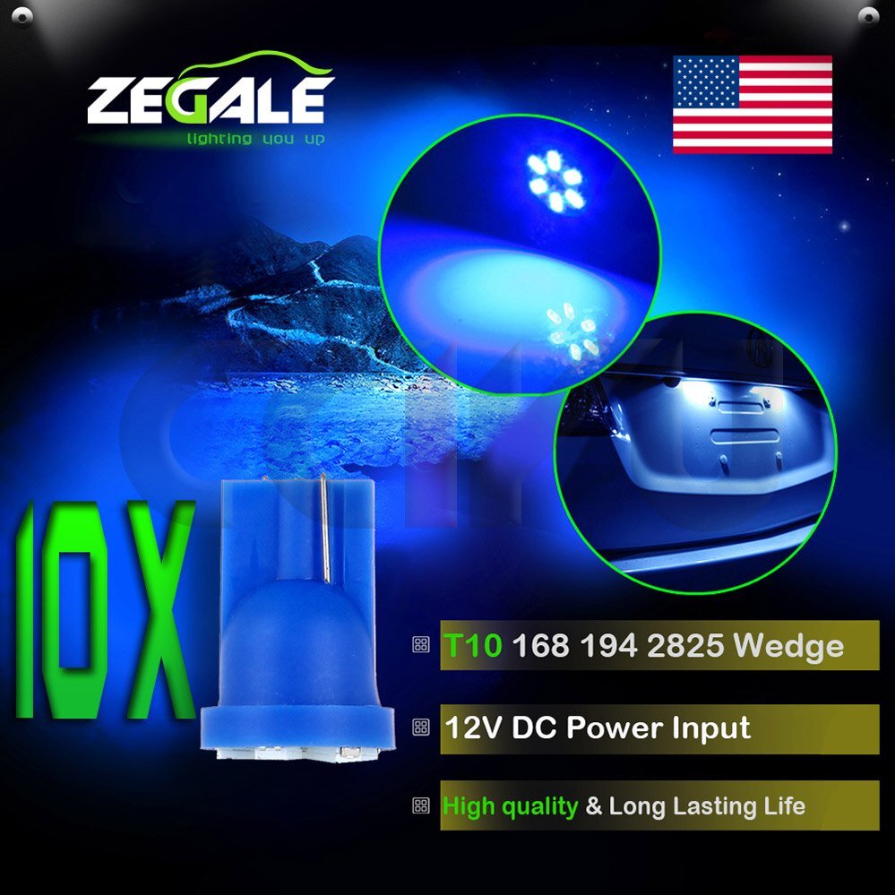 10x T10 Blue 6-SMD 3528 LED Car Light Map Bulbs 194 2825 921 168 For ...