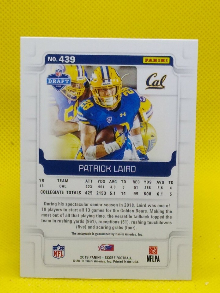 Patrick Laird 2019 Score ROOKIE AUTOGRAPH #439 California Golden Bears ...