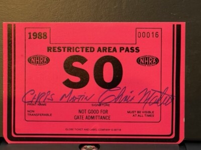 VRHTF "1988 NHR'S CHRIS MARTIN RESTRICTED AREA PASS TICKET" 3.5" X 5 ...