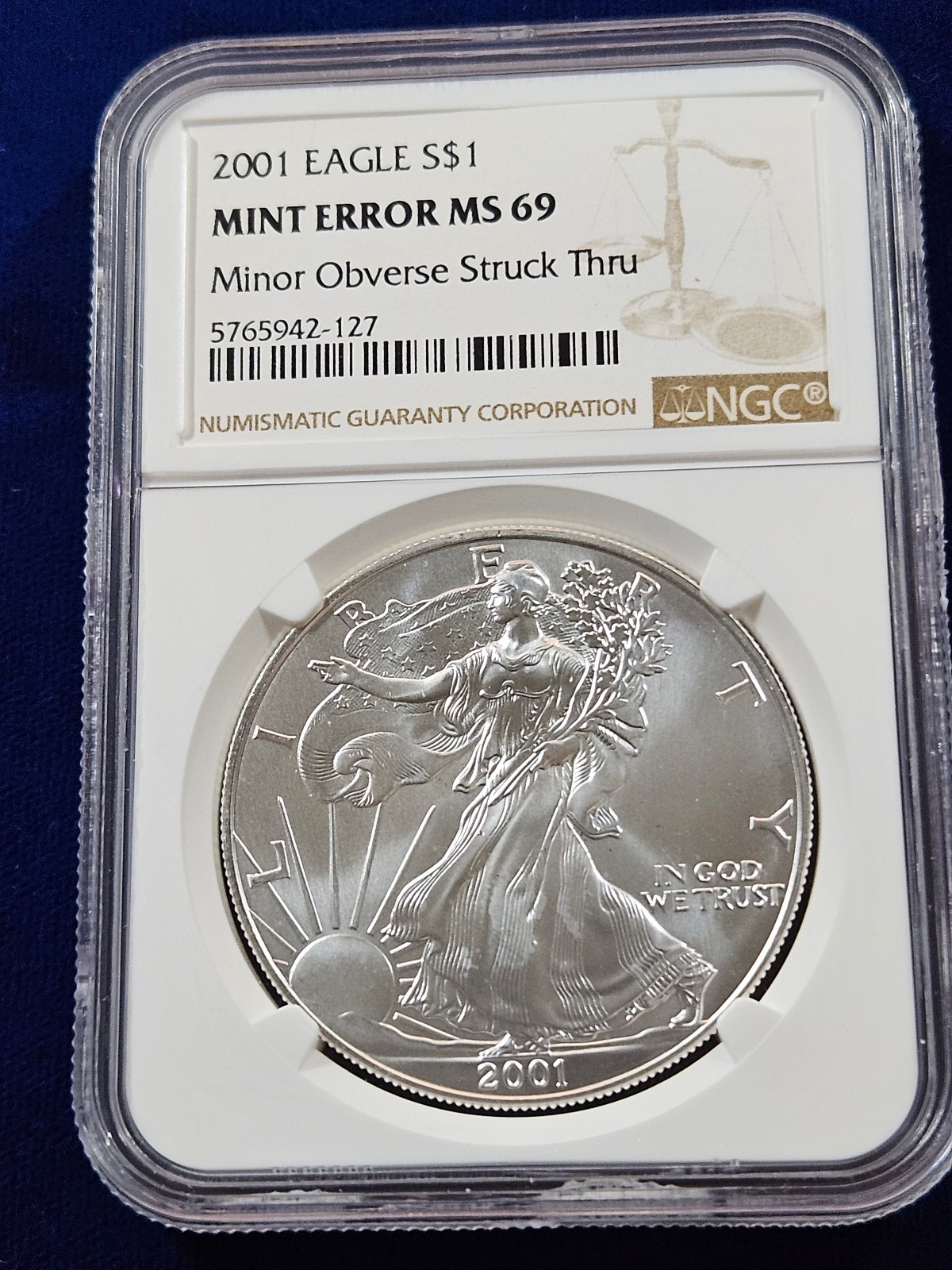 🌟 2001 American .999 Silver Eagle Obverse Struck Thru Error NGC MS69 ...