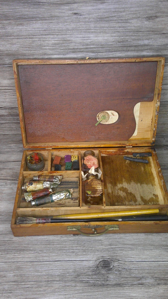 antique wooden artist box with paints & supplies & palette hinged lid ...
