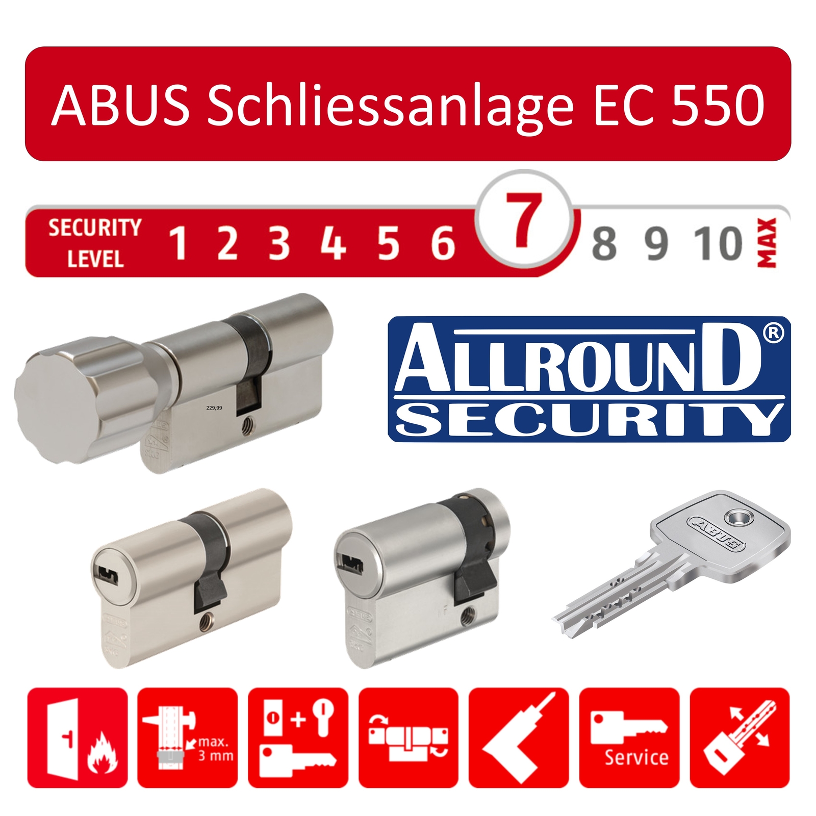 7x Zylinder 30/35 Abus EC550 Schließanlage Wendeschlüssel ...