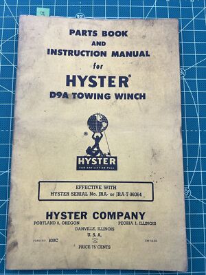 Hyster D9A Towing Winch For Cat D9 Tractor Parts Catalog & Owner Manual ...