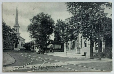 1908 PA Postcard Slatington Upper Main St National Bank trolley tracks ...