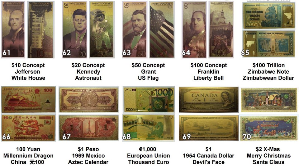 24K Gold-Plated Foil Note Currency Bill Paper Money Novelty Famous Cash ...