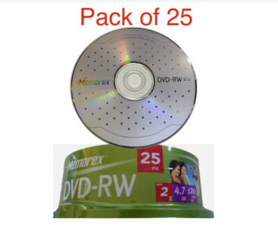 25 x Memorex Blank DVD-RW discs 2x 4.7GB 120 mins Rewritable Spindle ...
