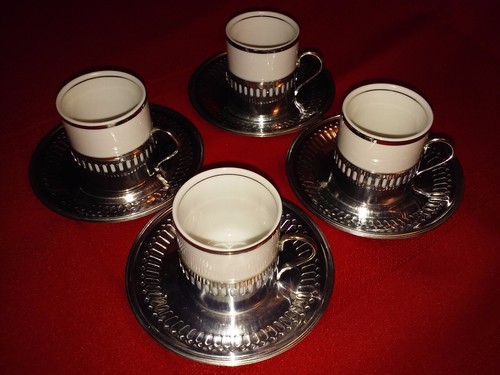 NEW 4 Veracruz Porcelain & Bellini Silverplate Espresso Cups/Saucers ...
