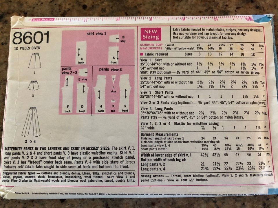 🌼 1969 SIMPLICITY #8601-MATERNITY PANTS-SHORTS & SKIRT w/wo PANEL ...