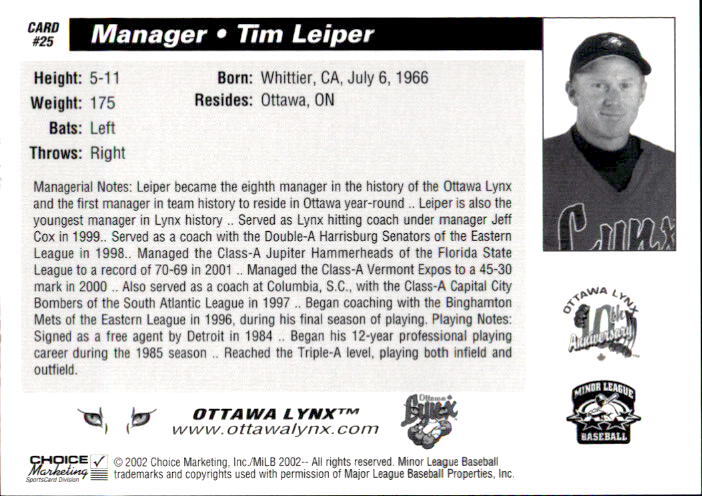 2002 Ottawa Lynx Choice #25 Tim Leiper Ottawa Ontario Canada - NM ...