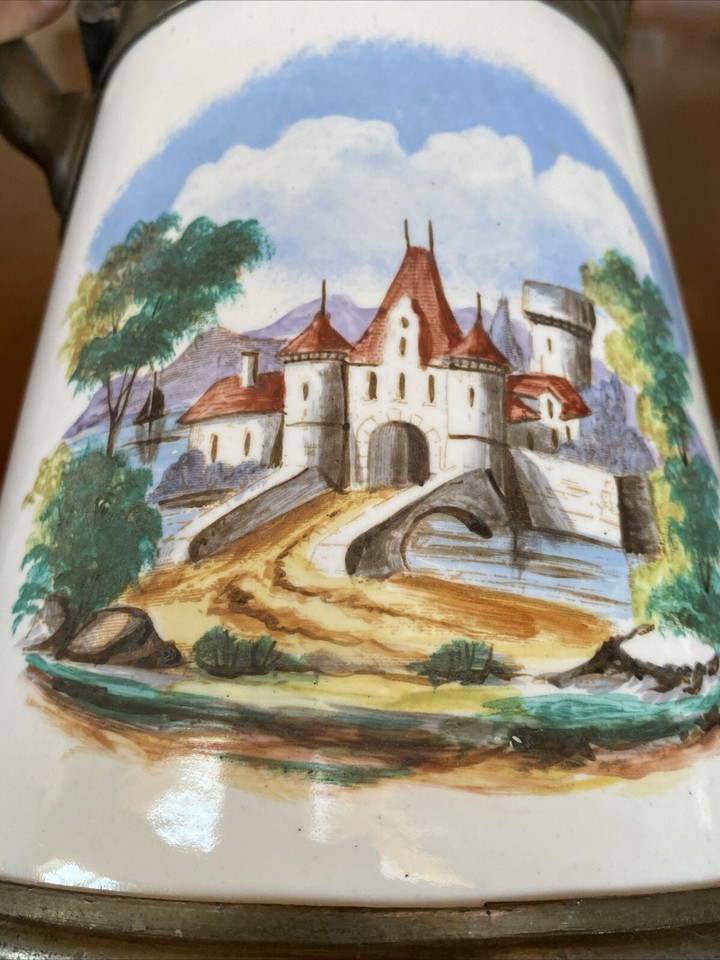 Antique Hand Painted Castle Gate Bridge Graniteware Enamel Pewter ...