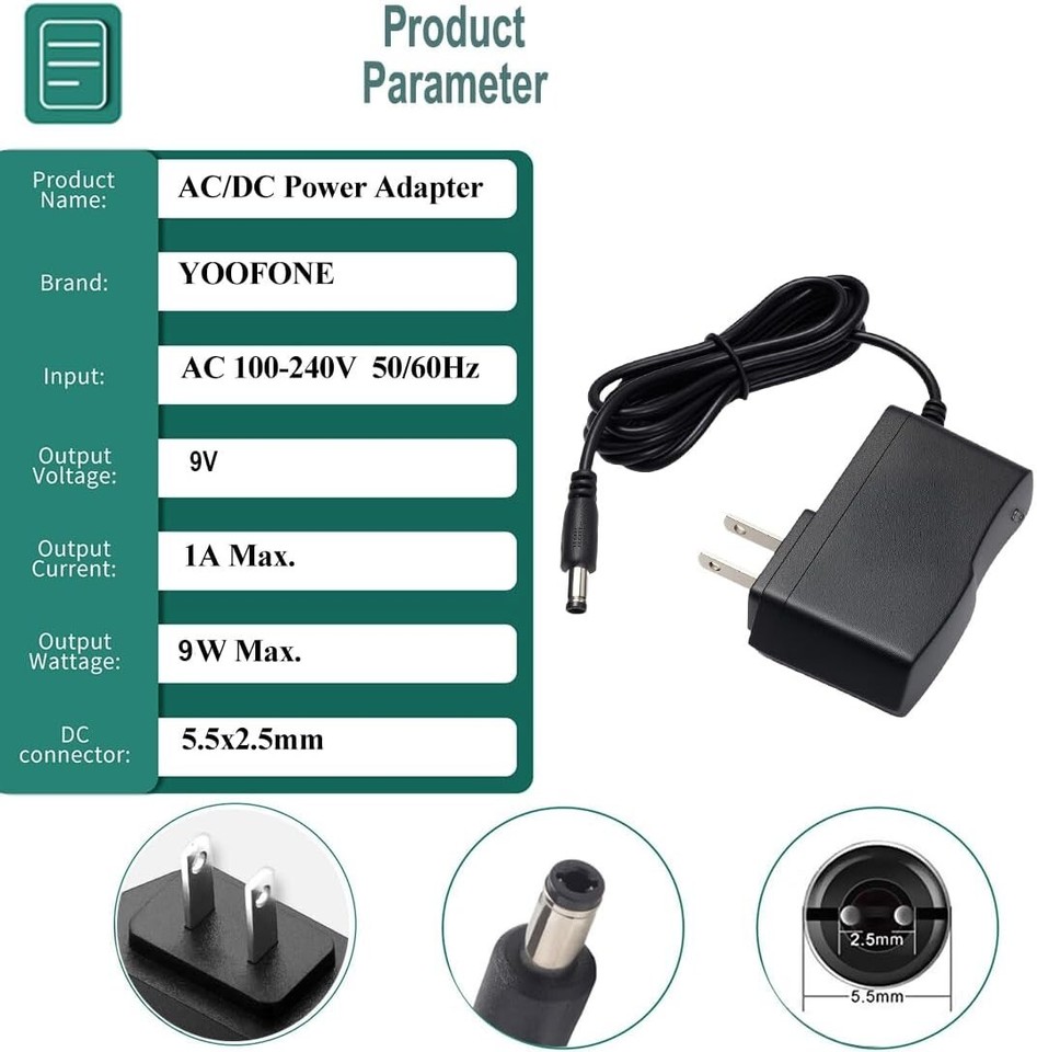 9V DC Power Supply 1A 9W AC Adapter 100-240V AC to DC 9Volt 1 Amp Power ...