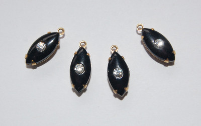 VINTAGE 4 JET BLACK GLASS NAVETTE RHINESTONE MARQUIS PENDANT BEAD BEADS ...