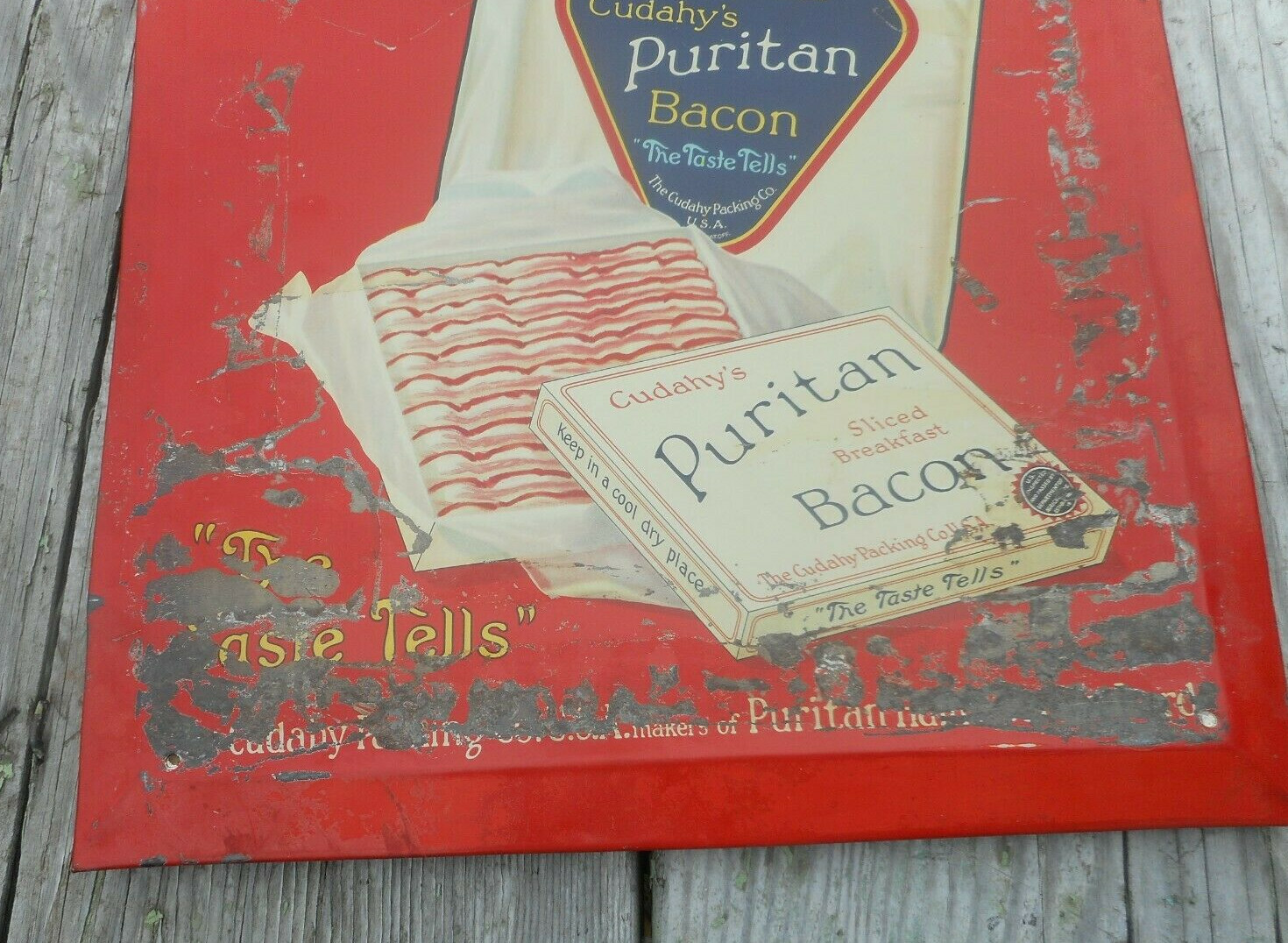 Vintage CUDAHY'S PURITAN BRAND BACON Tin on Cardboard Butcher ...