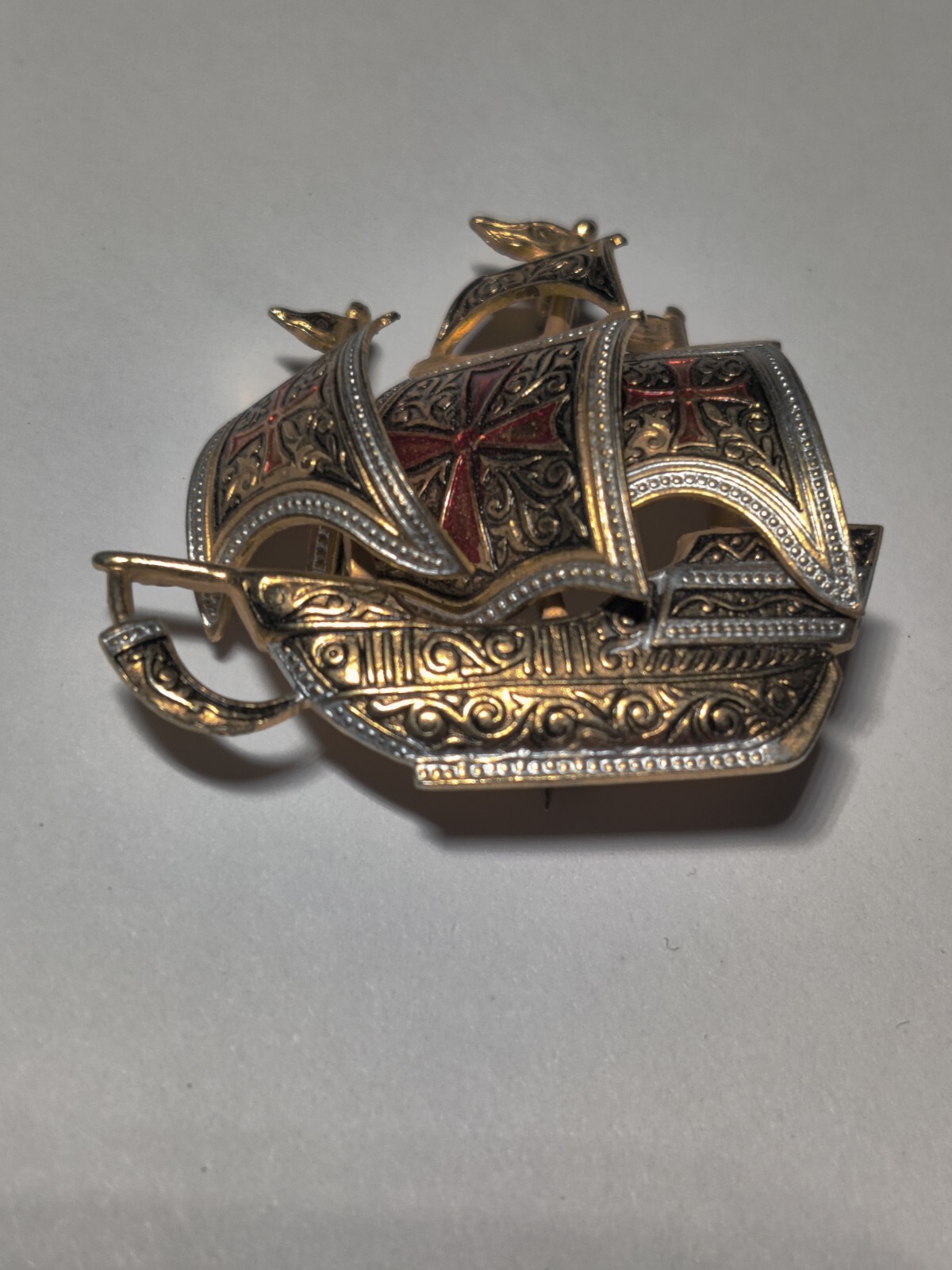 Vintage Spanish Damascene 3D Sailing Ship Boat Brooch… - Gem