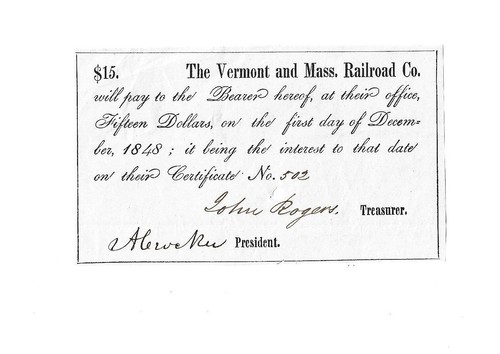 1848 $15 Vermont & Massachusetts Railroad Scrip U.S. Rep. Alvah Crocker Signed | eBay